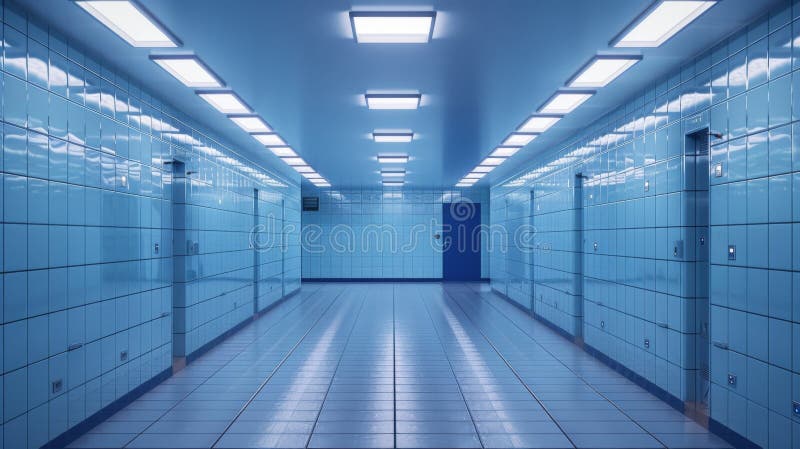 Modern Blue Corridor with Tiled Walls and Bright Lighting, Generative ...