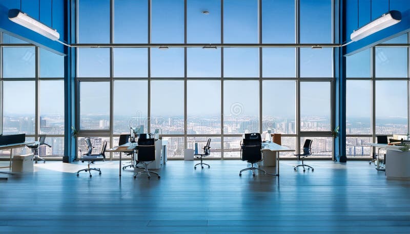 Modern Blue Coworking Interior with Partitions and Panoramic Windows ...