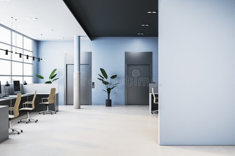 Modern Blue Coworking Office Interior with Empty Mock Up Place on Wall ...