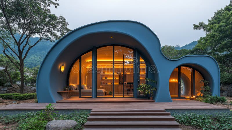 Modern Blue Curved House Exterior at Dusk Stock Illustration ...