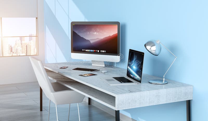 Modern Blue Desktop Interior with Devices 3D Rendering Stock ...