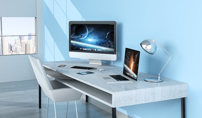 Modern Blue Desktop Interior with Devices 3D Rendering Stock ...