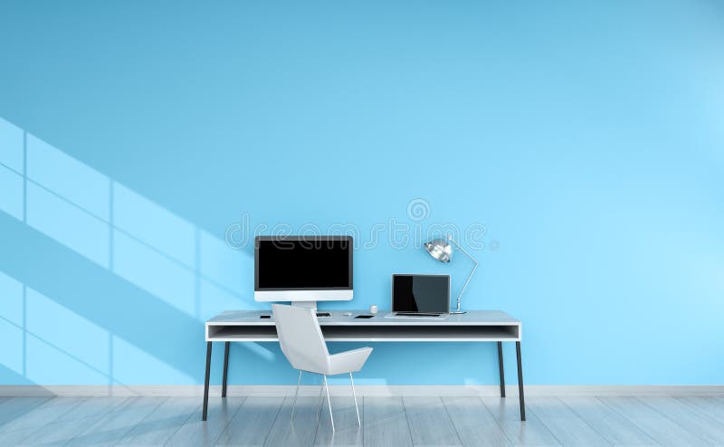 Modern Blue Desktop Interior with Devices 3D Rendering Stock ...