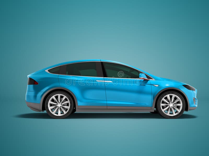 Modern Blue Electric Car Minivan on Side 3d Render on Blue Background ...