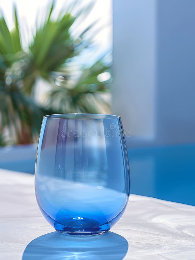 Modern Blue Glass by a Poolside with Tropical Plant Backdrop. Stock ...