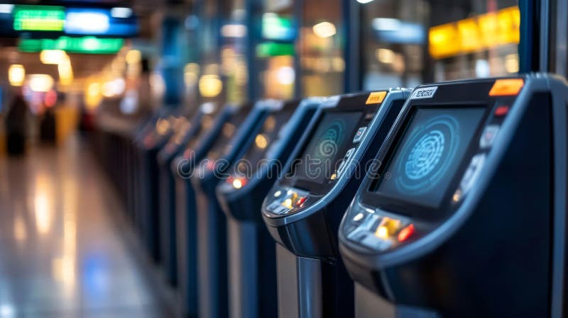 Modern Blue and Gray Kiosks in a Public Transportation Terminal Stock ...