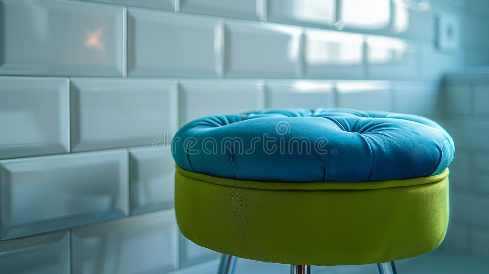 Modern Blue and Green Cushioned Stool in a Tiled Kitchen. Stock Image ...
