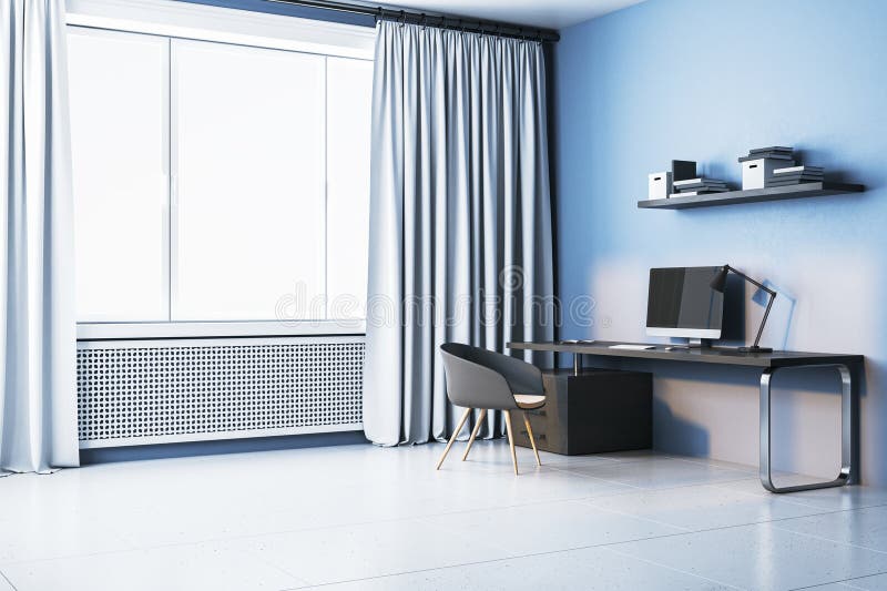 Modern Home Office Interior with Window and Curtain, Computer Monitor ...