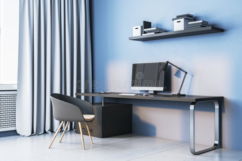 Modern Home Office Interior with Window and Curtain, Computer Monitor ...