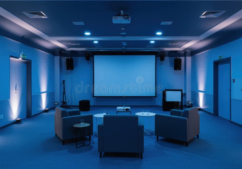 Modern Blue Home Theater Room with Projector and Comfortable Seating ...