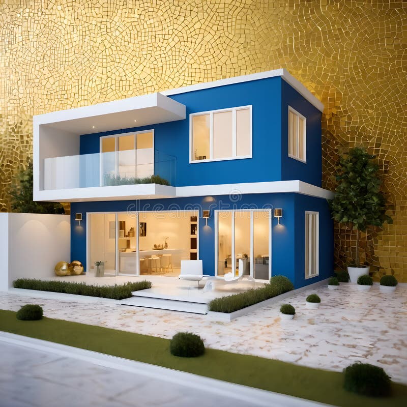Modern Blue House with Gold Mosaic Wall. Stock Illustration ...