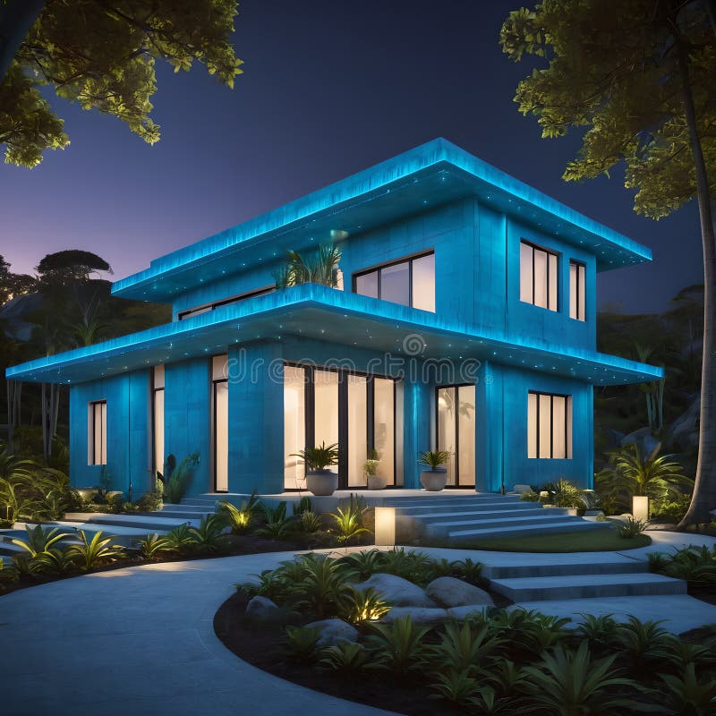 Modern Blue House with Outdoor Lighting at Night. Stock Illustration ...