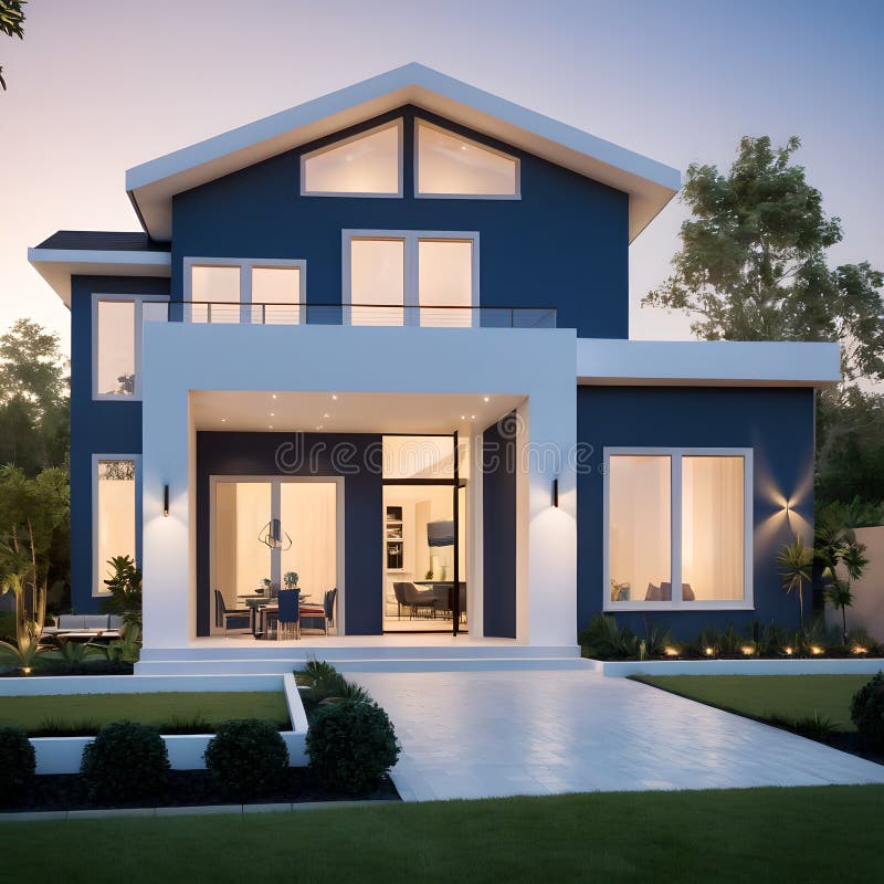 Modern Blue House with Patio. Stock Illustration - Illustration of home ...