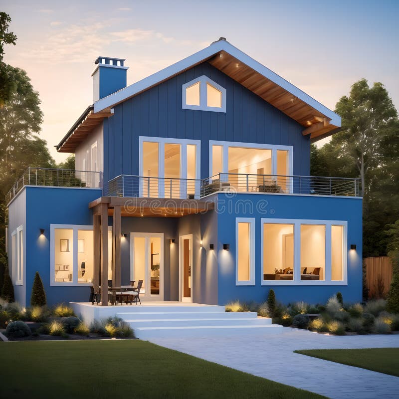Modern Blue House with Patio and Landscape. Stock Illustration ...