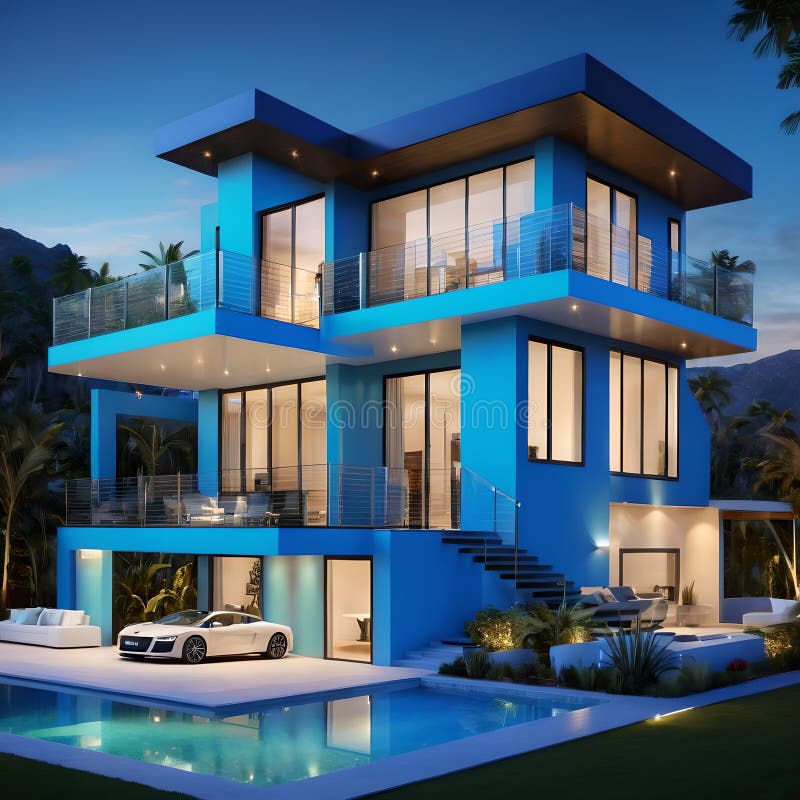Modern Blue House with Pool and Car. Stock Illustration - Illustration ...