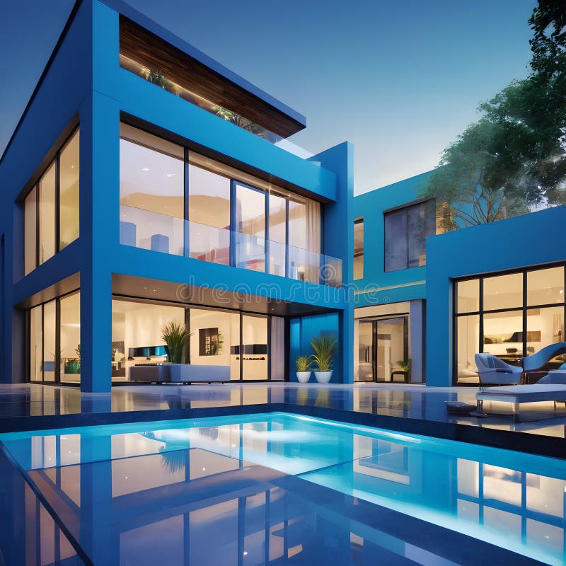 Modern Blue House with Swimming Pool. Stock Illustration - Illustration ...