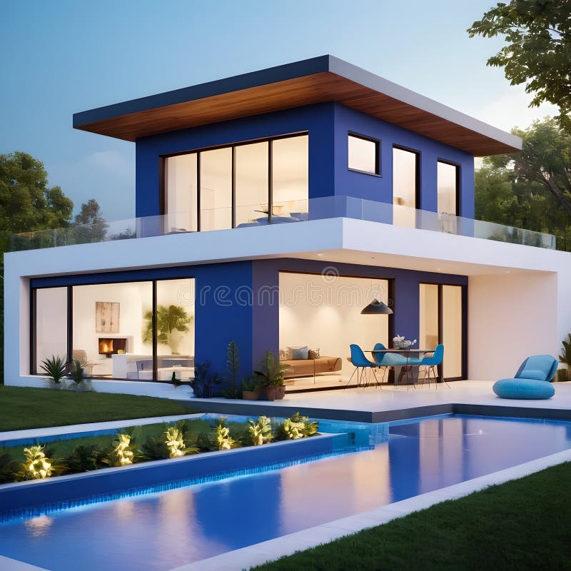 Modern Blue House with Swimming Pool and Patio. Stock Illustration ...
