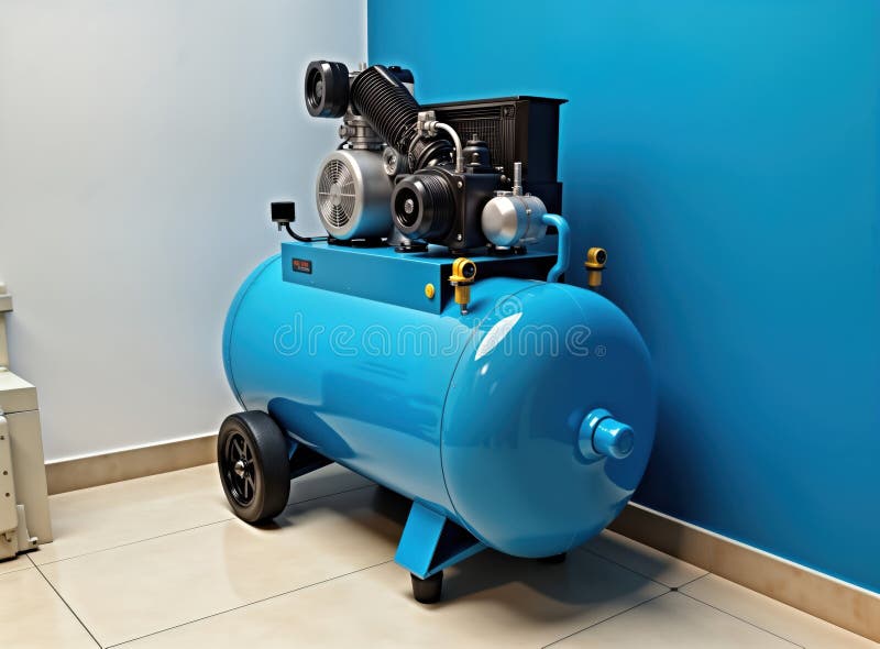 Modern Blue Industrial Air Compressor Stands in Corner. Powerful Tech ...