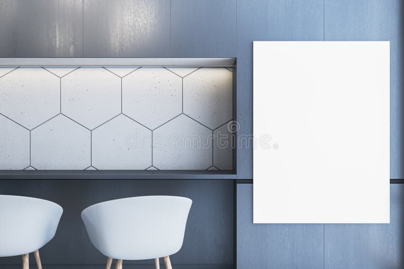 Modern Blue Interior with Empty White Mock Up Banner on Wall, Table and ...