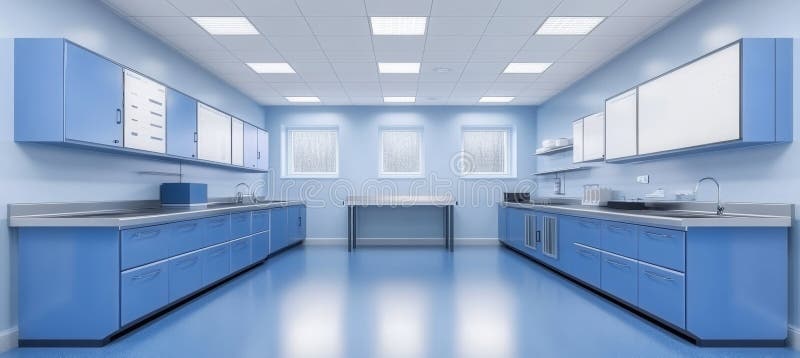 Modern Blue Laboratory Interior with Stainless Steel Counters ...
