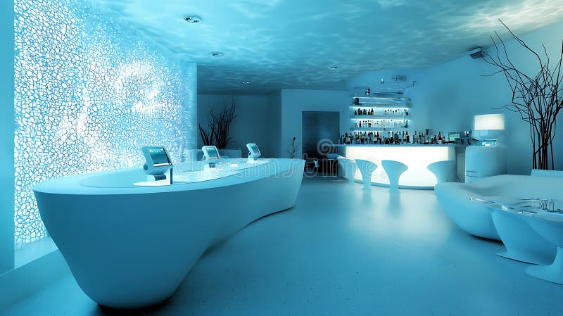 Modern Blue Lit Bar Interior with Unique Design Stock Illustration ...