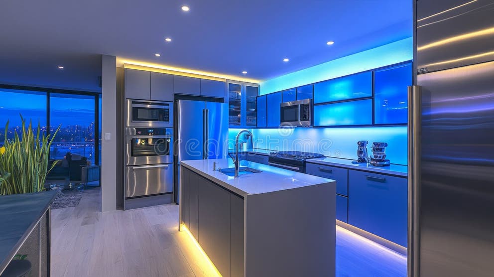Modern Blue Lit City View Kitchen at Night Stock Illustration ...