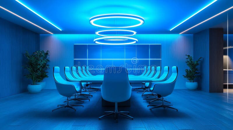 Modern Blue Lit Conference Room at Night Stock Illustration ...