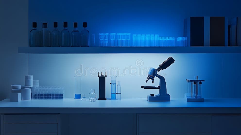 Modern Blue Lit Laboratory Microscope Science Research Desk Study Tubes ...