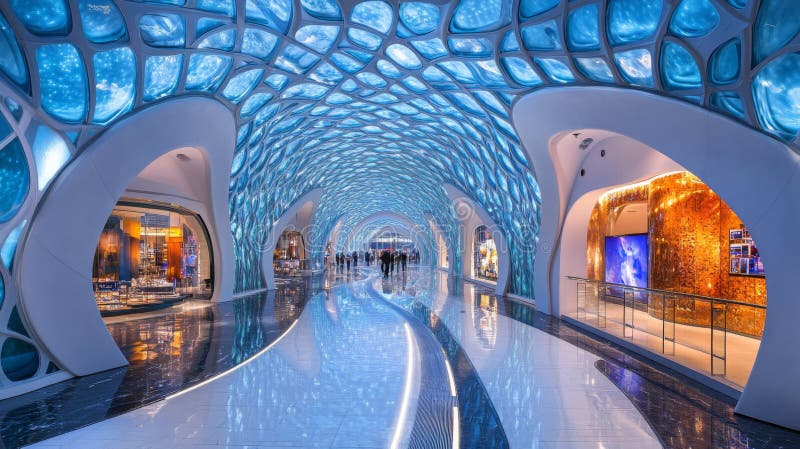 Modern Blue Lit Shopping Mall Tunnel Interior Stock Illustration ...