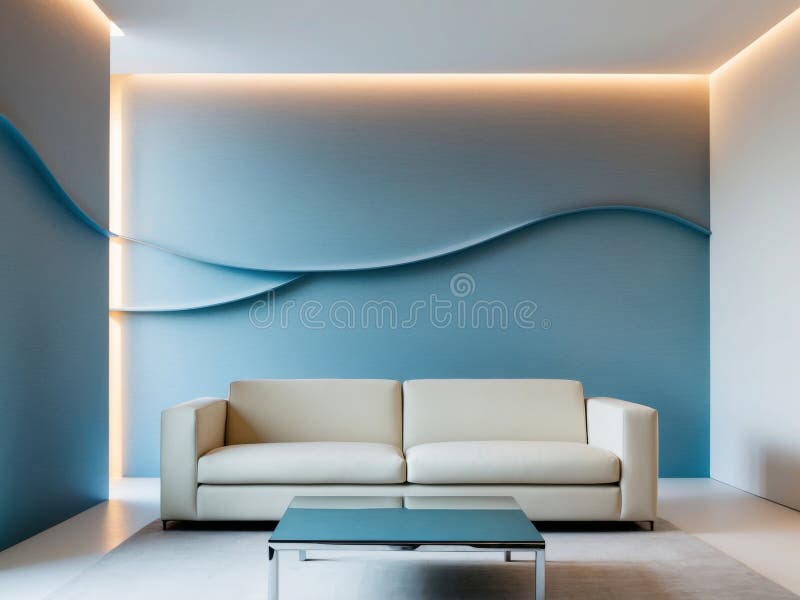 Modern Blue Living Room with Wave Wall Design. Stock Image - Image of ...