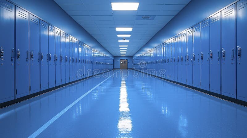 Modern Blue Locker Corridor with Neon Glow Stock Illustration ...