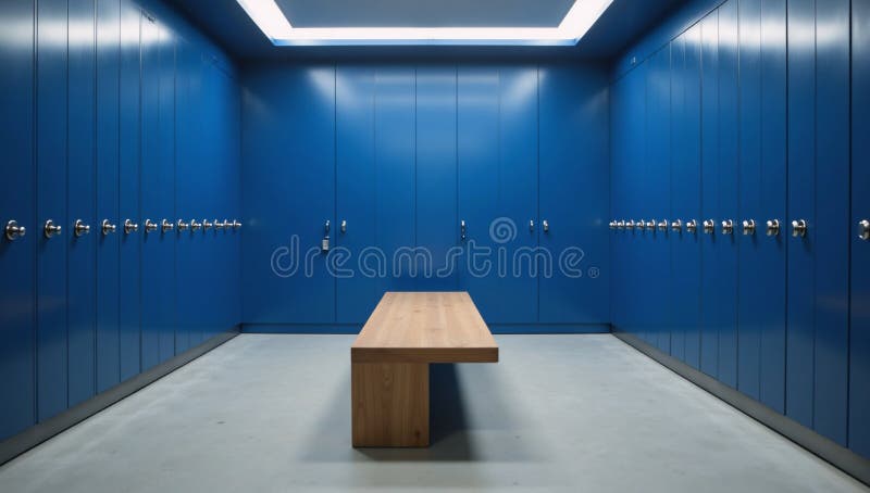Modern Blue Locker Room Featuring Wood Bench Under Bright Lights Stock ...