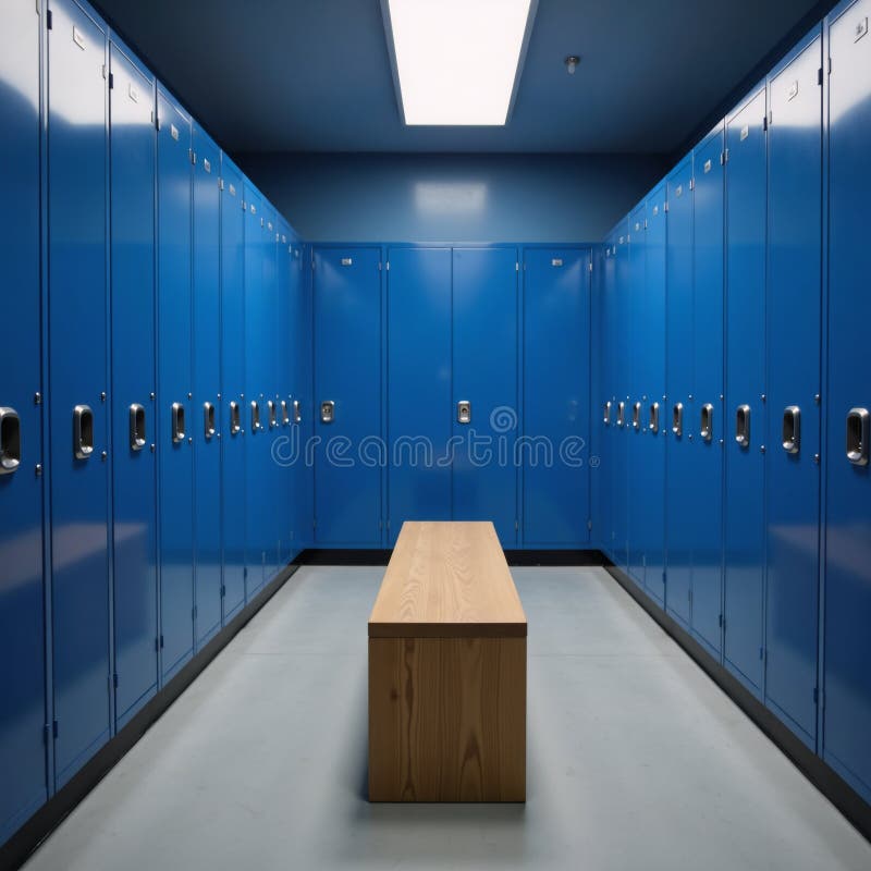 Modern Blue Locker Room Featuring Wood Bench Under Bright Lights Stock ...