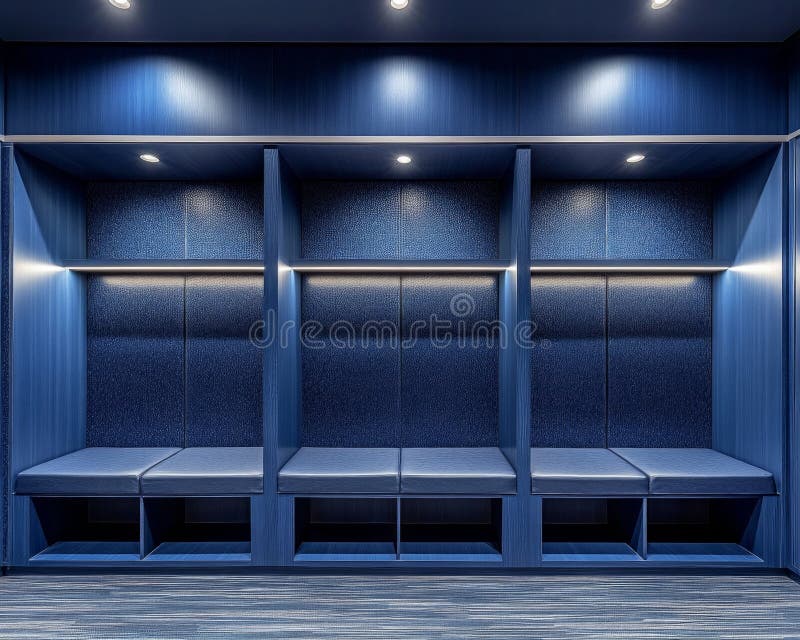 Modern Blue Locker Room Interior with Bench Seating and Overhead ...