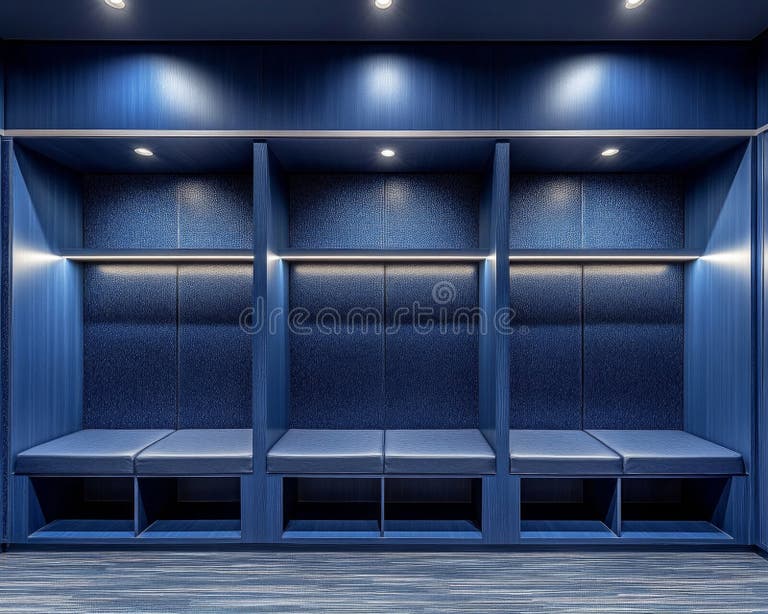Modern Blue Locker Room Interior with Bench Seating and Overhead ...