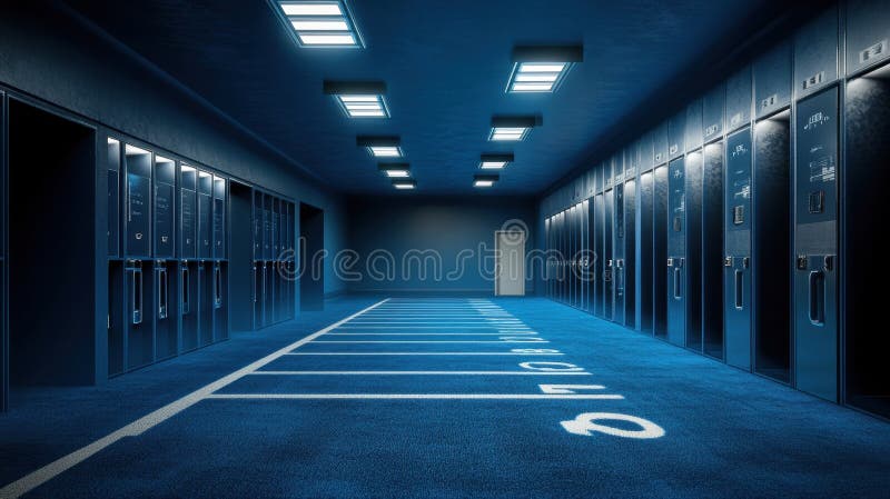 Modern Blue Locker Room Interior with Numbered Floor and Open Door ...