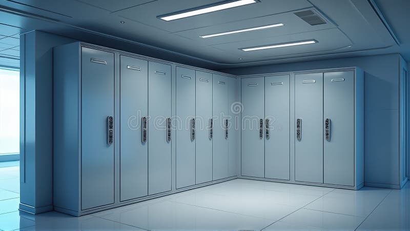 Modern Blue Lockers in a Futuristic Room Stock Illustration ...