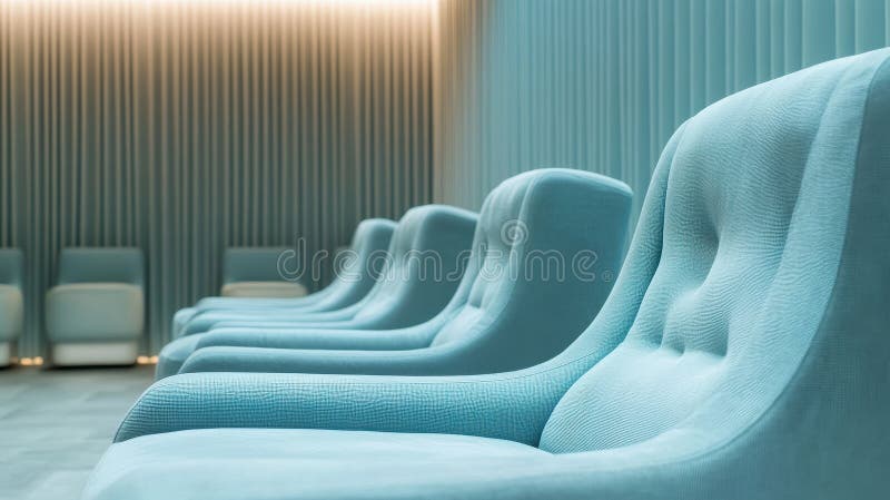 Modern Blue Lounge Chairs Aligned in Contemporary Waiting Area Interior ...