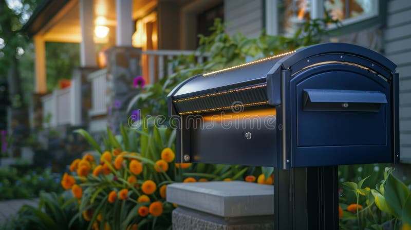 Modern Mailbox with Illuminated Flag at Dusk Stock Image - Image of ...