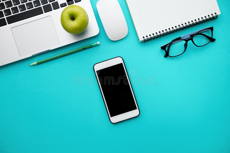 Top View, Flat Lay of Modern Blue Office Desk Table with Laptop Stock ...