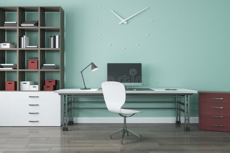 Modern Blue Office Interior with Bookcase, Workplace with Computer ...