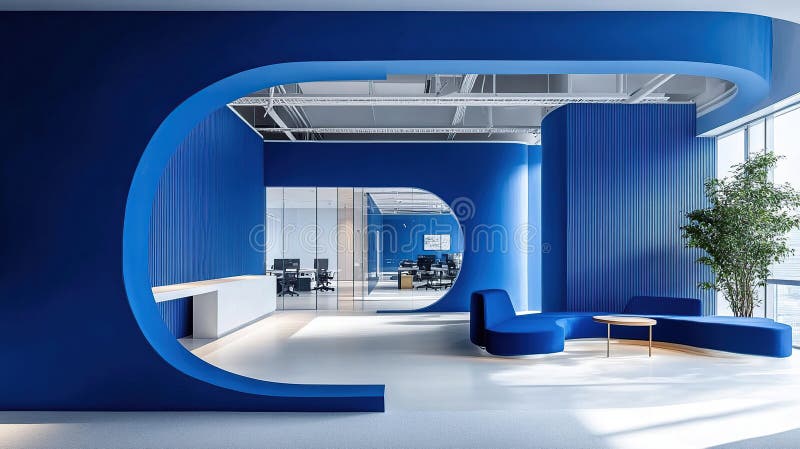 Modern Blue Office Interior Design with Curved Walls, Seating Area, and ...