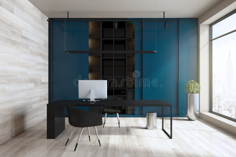 Modern Blue Office Interior with Wooden Flooring, City View, Sunlight ...