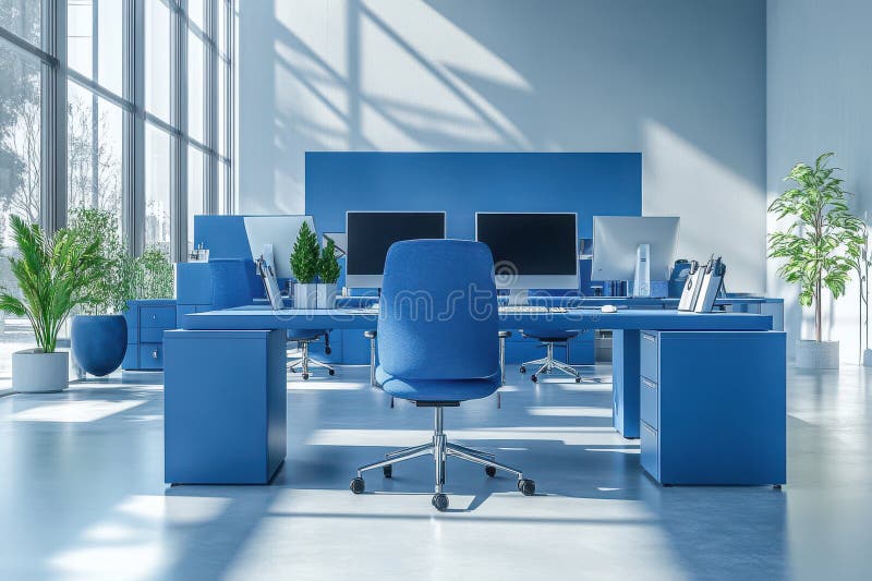 Modern Blue Office Workspace Sunlit Design Stock Illustration ...