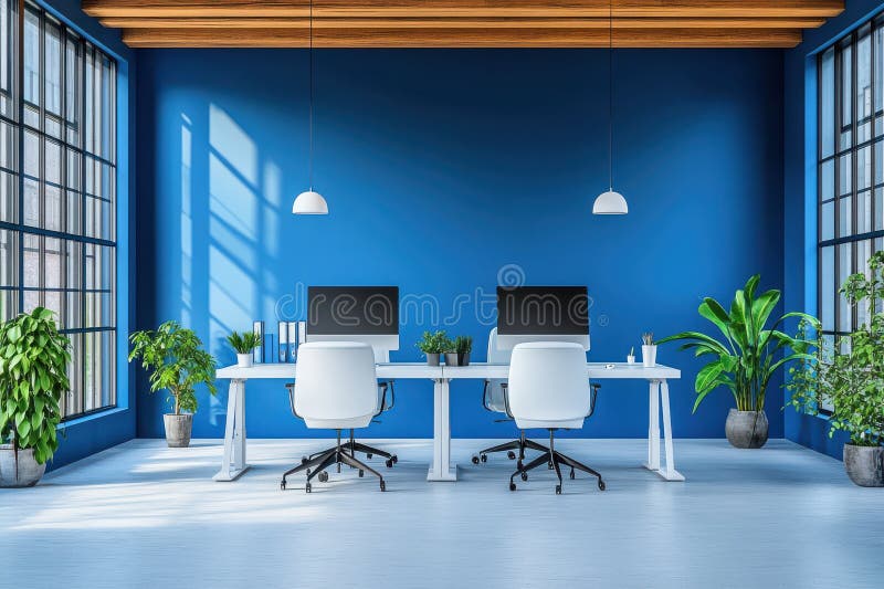 Modern Blue Office Workspace Two Desk Setup Minimalist Design Stock ...