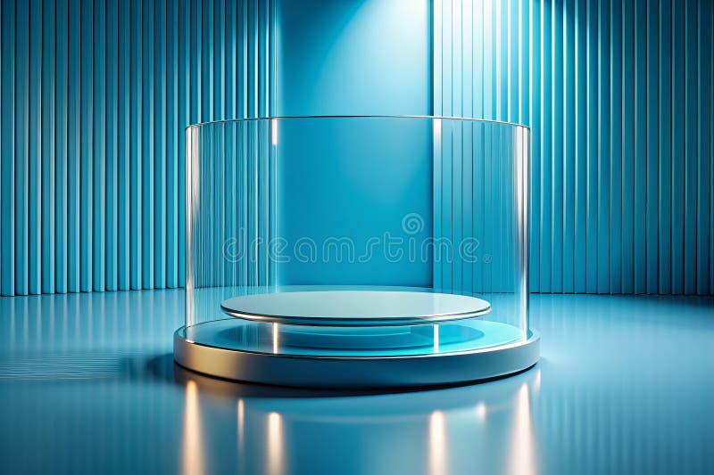 Modern Blue Podium Display Stand with Glass Backdrop Perfect for Creative Product Mockups and ...