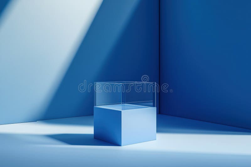 Modern Blue Product Display Booth. Empty Glass Showcase Sits on Light Blue Cube. Creative Studio ...