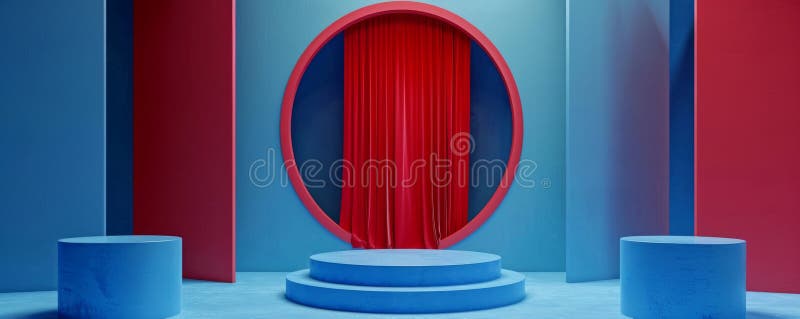 Modern Blue and Red Geometric Stage Setup with Circular Curtain ...