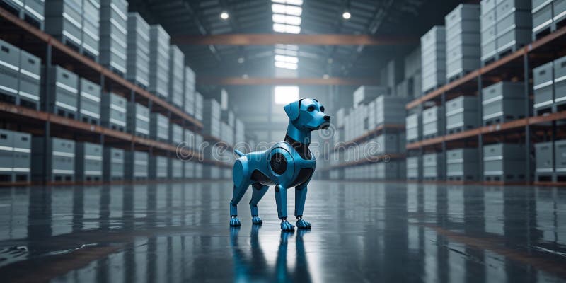 Modern Blue Robot Dog in a Large Warehouse Setting with High Shelves ...