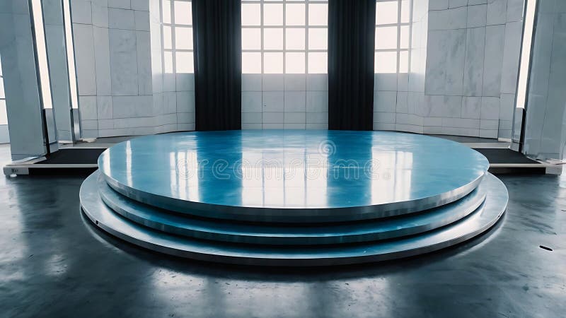 Modern Blue Rotating Platform Stage in a Minimalist Setting Stock ...